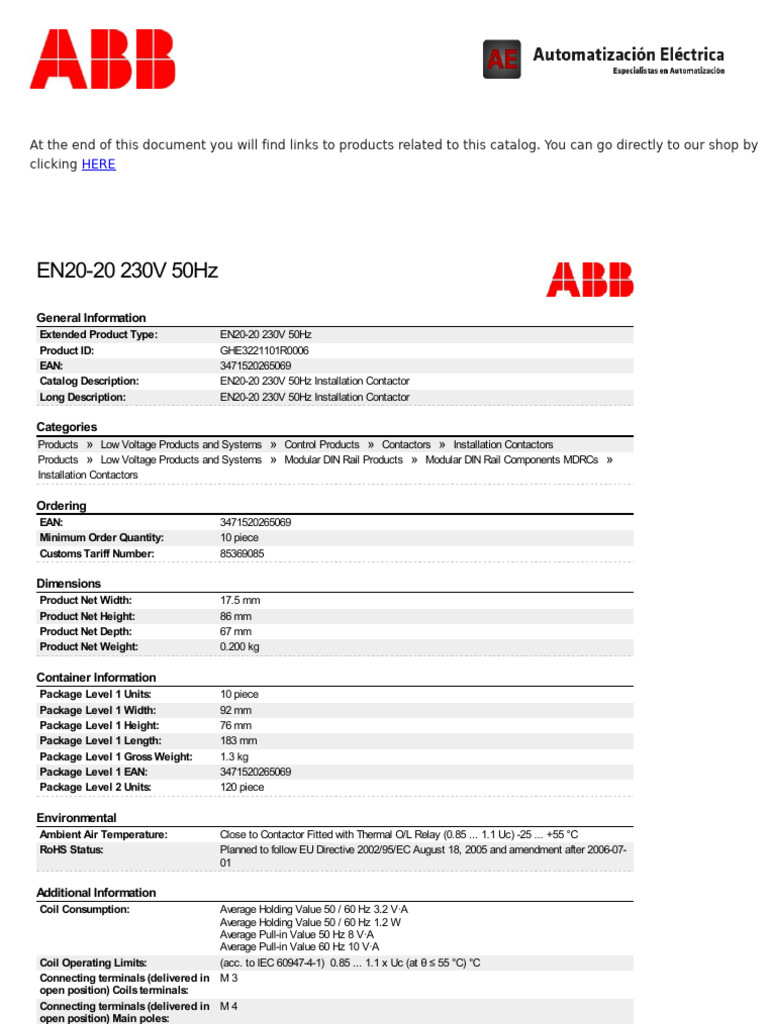 ABB EN20-20 Contactor Datasheet | PDF | Relay | Electric Power
