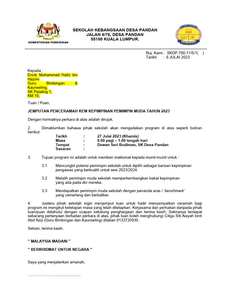 Surat Jemputan Penceramah Kem Kepimpinan | PDF