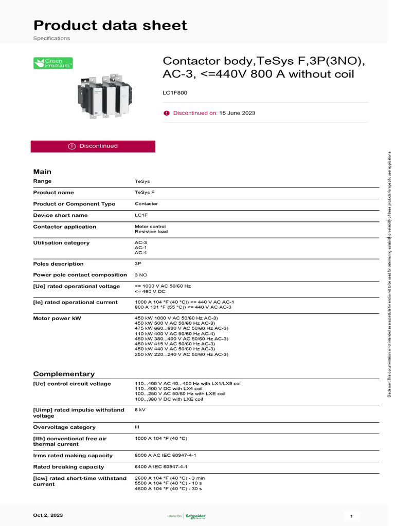 TeSys F Contactors - LC1F800 | PDF