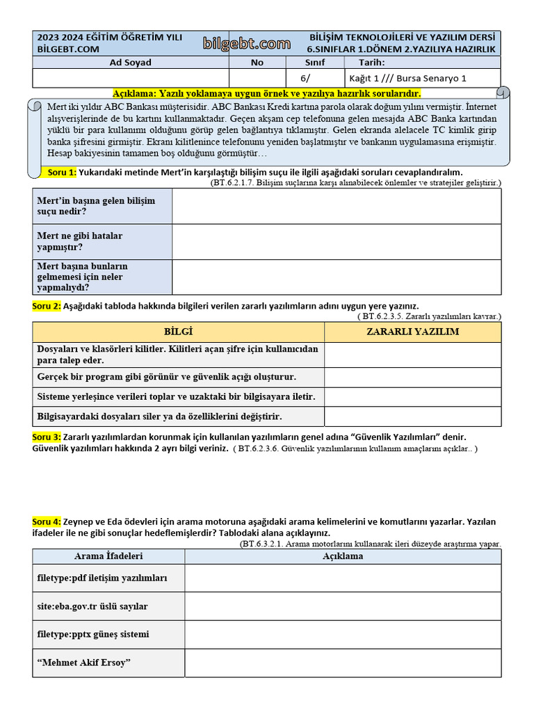6snf Ornek Sinav 2 | PDF