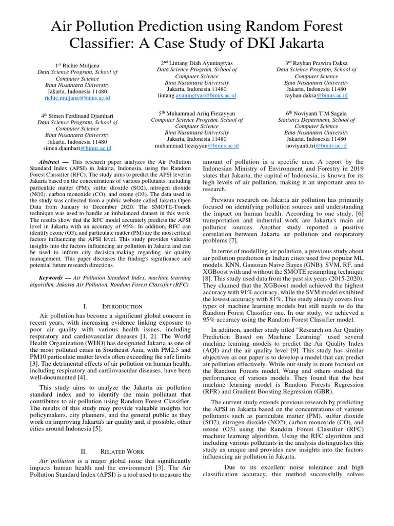 Air Pollution Prediction Using Random Forest Classifier A Case Study of DKI Jakarta | PDF ...