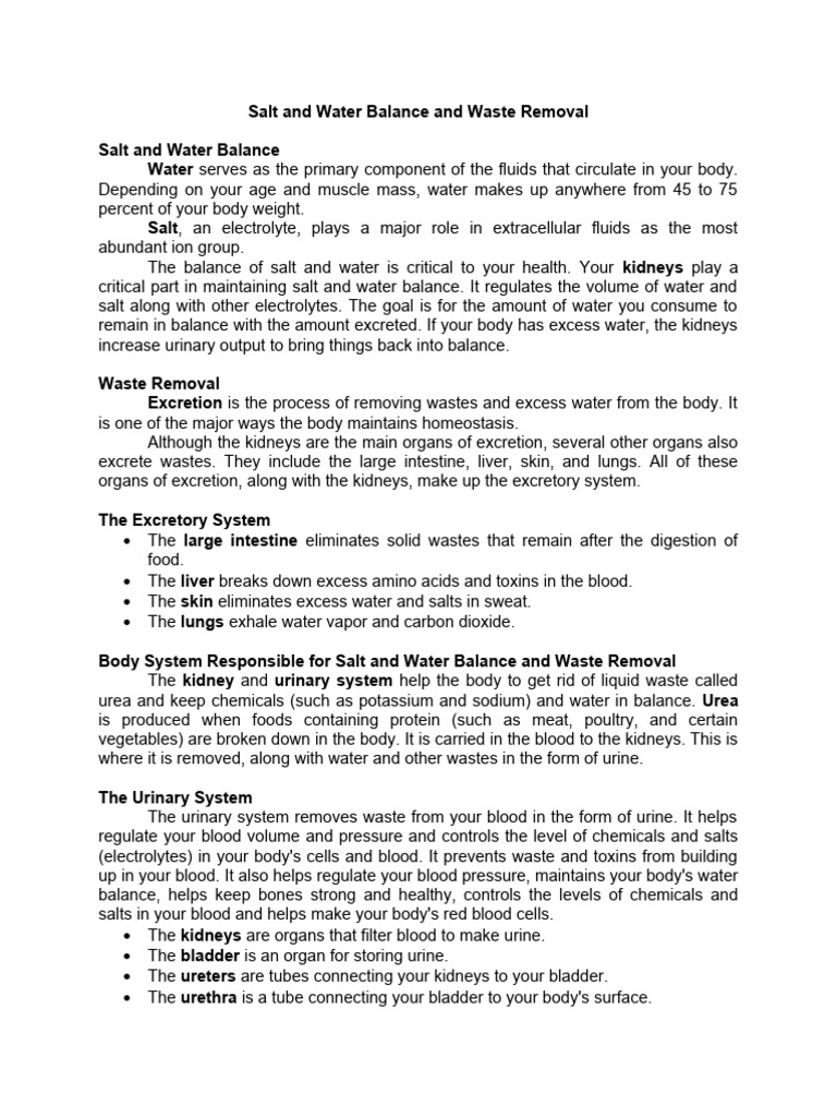 Salt and Water Balance and Waste Removal Handouts | PDF