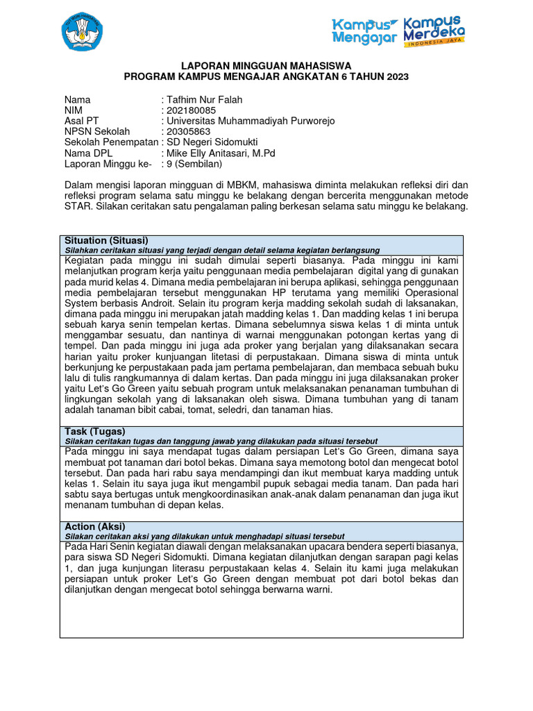 Laporan Minggu Ke-9 | PDF | Karier & Perkembangan | Kesehatan Holistik