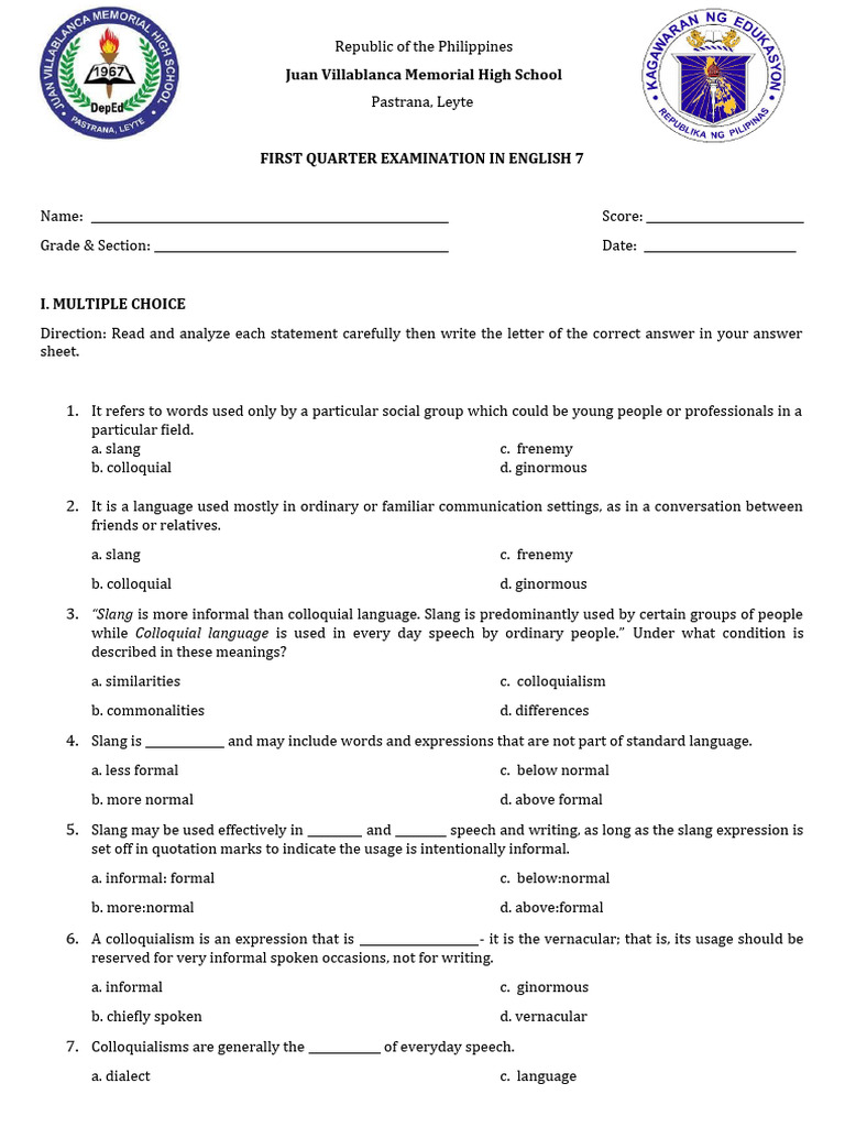 Test in Slang and Colloquial | PDF | Slang | Dialectology