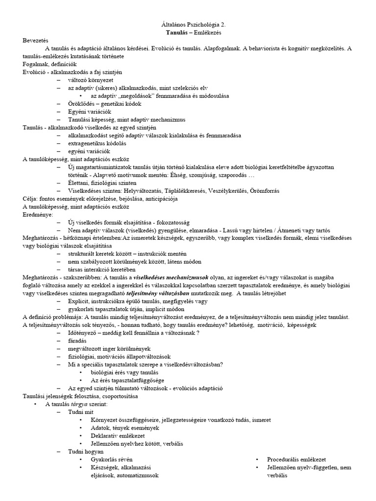 TANULAS Általános Pszichológia II. Tanulás - Kondé | PDF