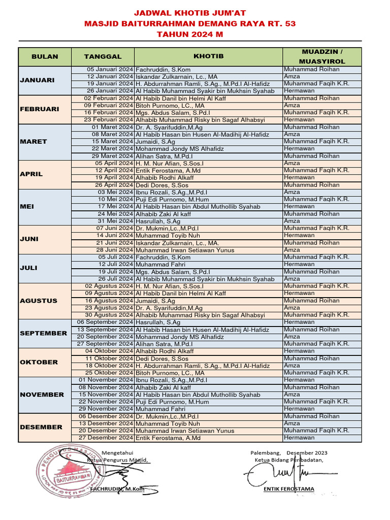 Jadwal Khotib Jum'at MBR Demang Raya Tahun 2024 | PDF