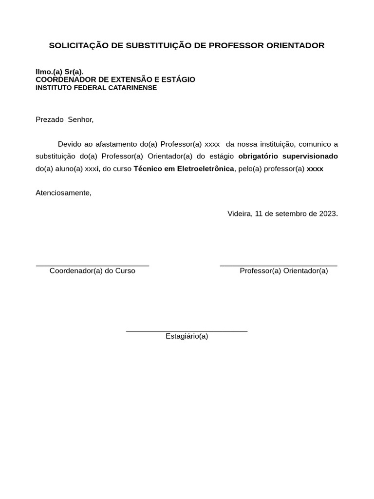 Modelo: Solicitação de Substituição de Professor Orientador | PDF