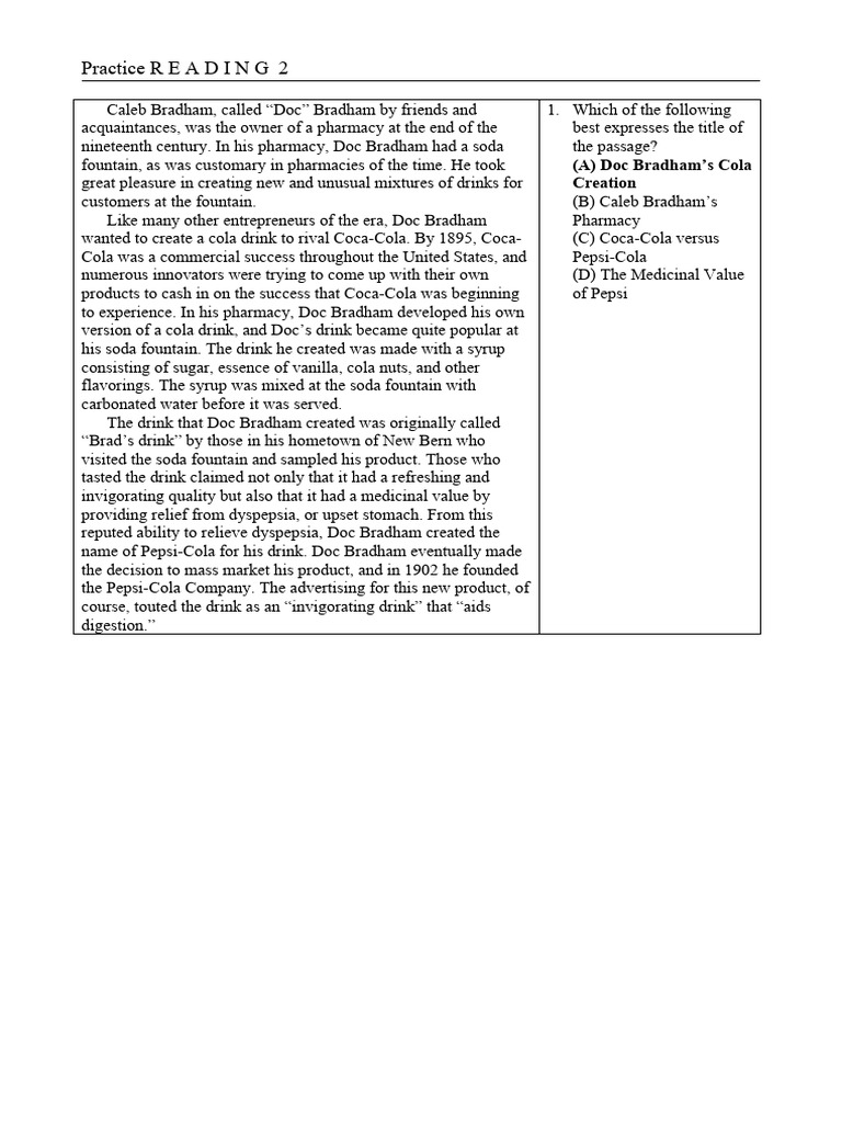 Practice READING 02 Practice - (Brian-TOEFL1-102) | PDF | Pepsi | Soft ...