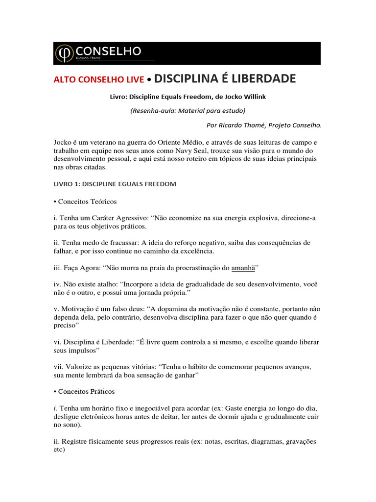 Roteiro - DISCIPLINA É LIBERDADE E RESPONSABILIDADE EXTREMA (Jocko Willink) | PDF | Liberdade ...