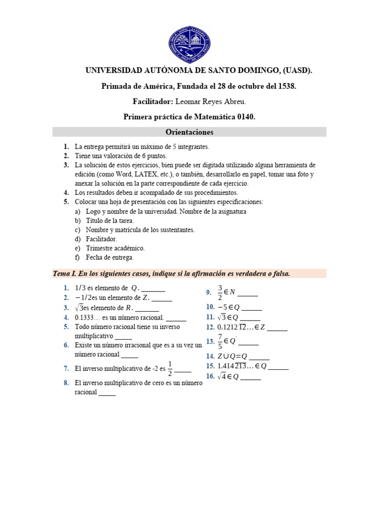 Primera Practica de Matematica 0140. UASD | PDF