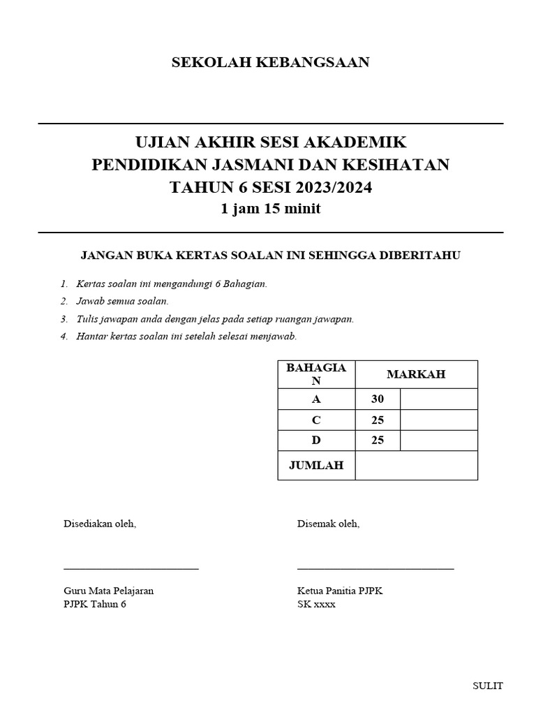UASA PJPK Tahun 6 2023-2024 | PDF