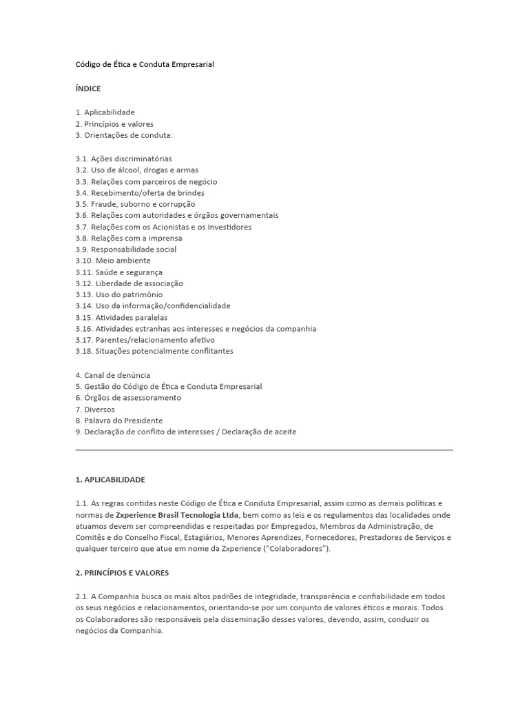 Código De ética E Conduta Empresarial Pdf