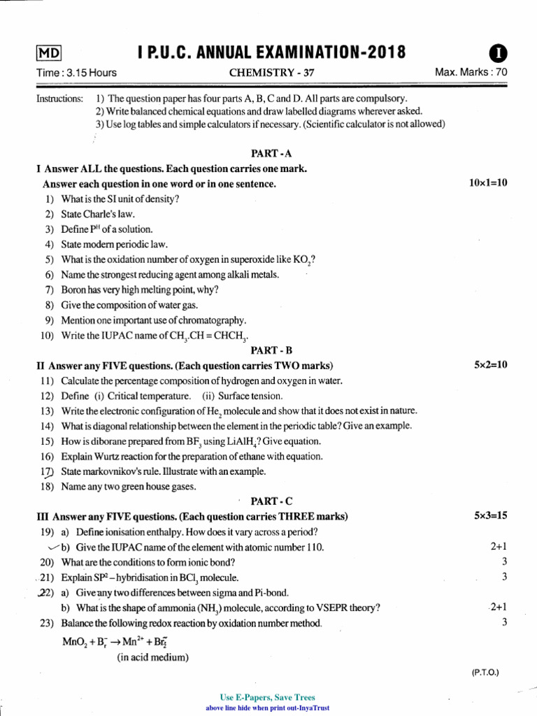 Karnataka 1st Puc Chemistry Annual Exam QP 2018 Mandya | PDF | Gases | Molecules