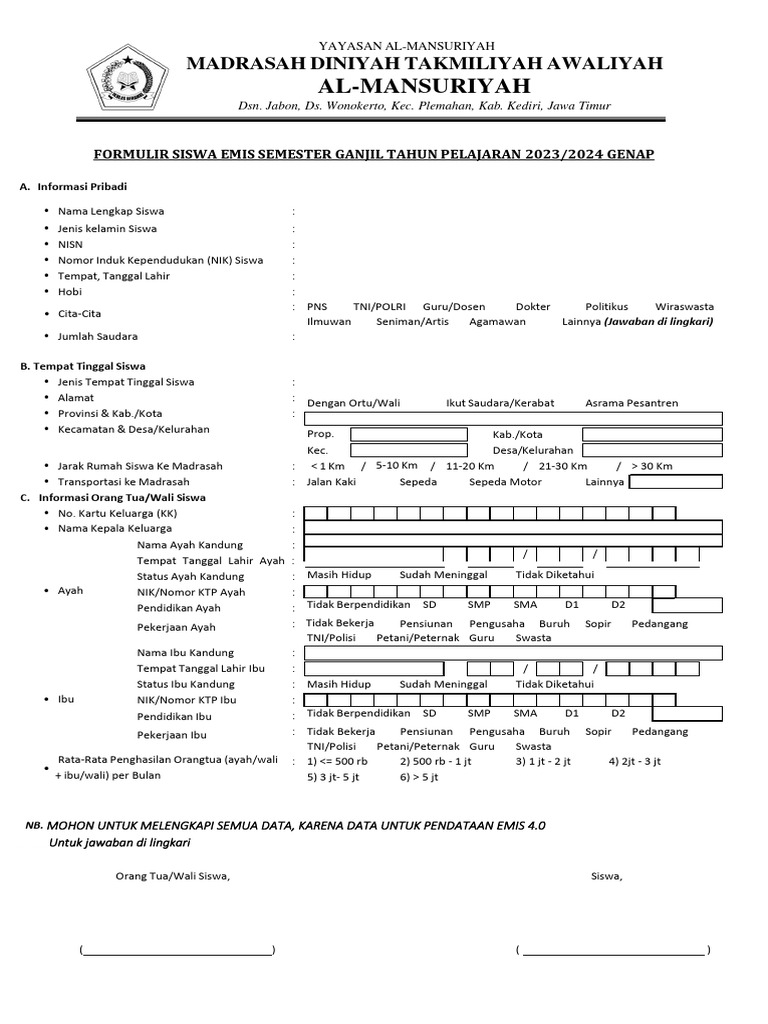 Formulir Data Santri Emis 4.0 | PDF