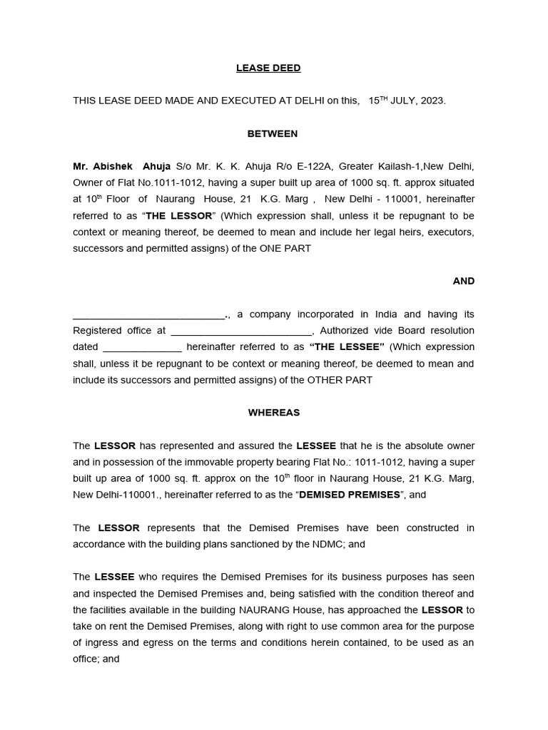 LEASE DEED_Naurang House(Mr. Ahuja) | PDF