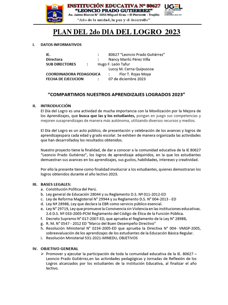 Plan de Trabajo - 2do Día Del Logro | PDF