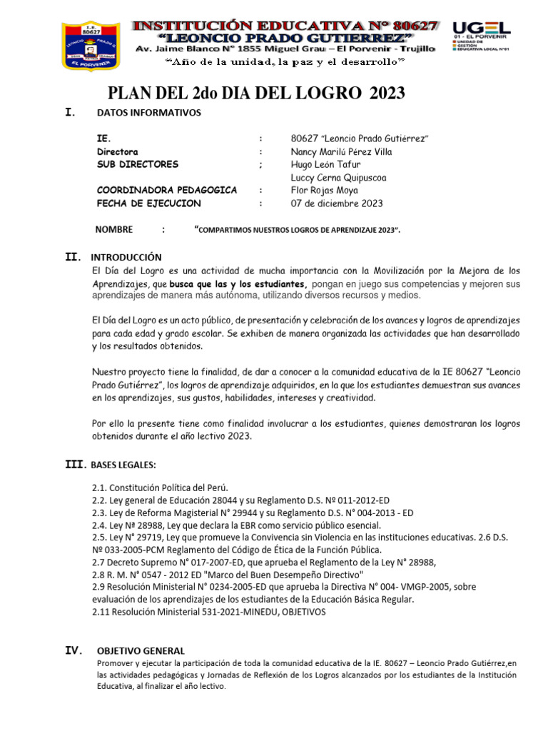 Plan de Trabajo Por El Día Del Logro | PDF