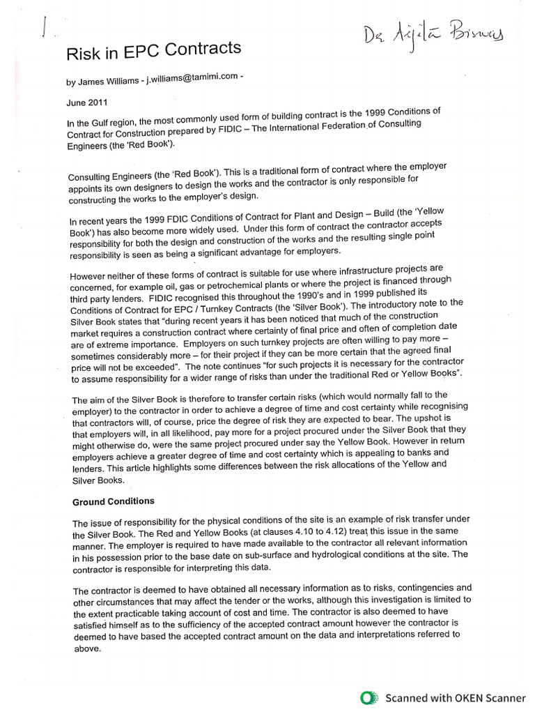 Risk in EPC Contract - James Williams | PDF