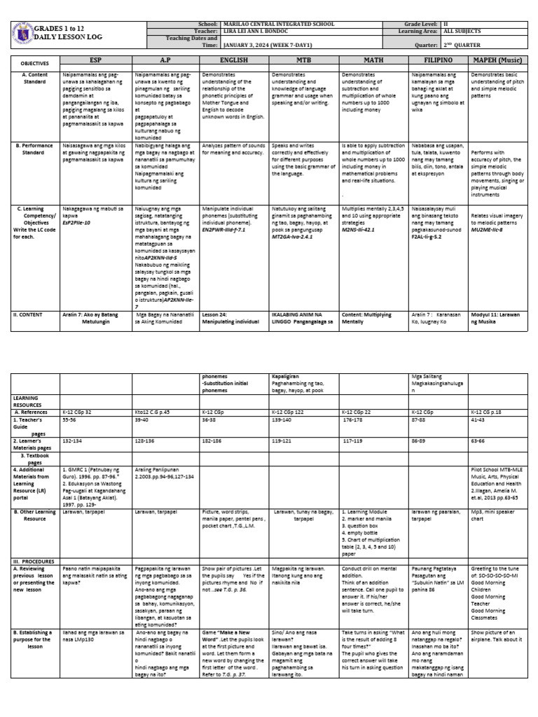 DLL - All Subjects 2 - Q2 - W7 - D1 | PDF