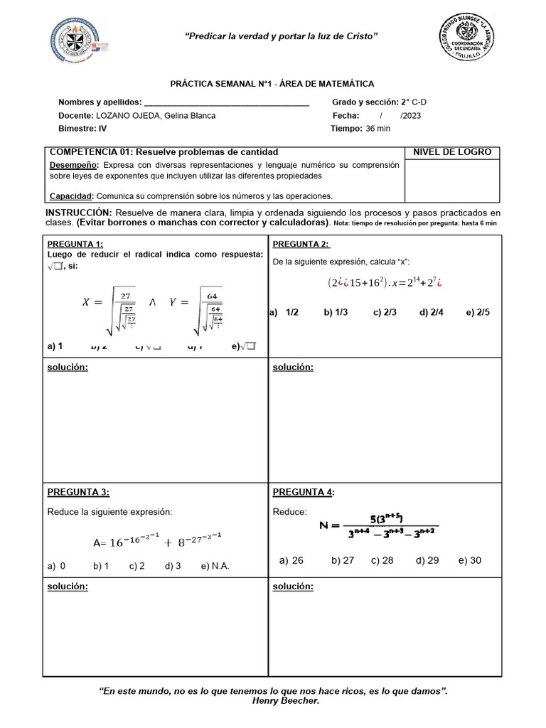 Eval Sem N1-2do Sec - Mat | PDF | Matemáticas | Science