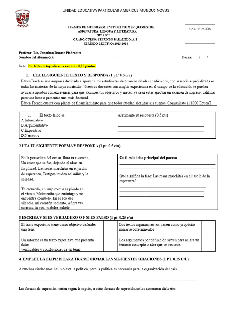 eXAMEN mEJORAMIENTO sEGUNDO Bgu | PDF