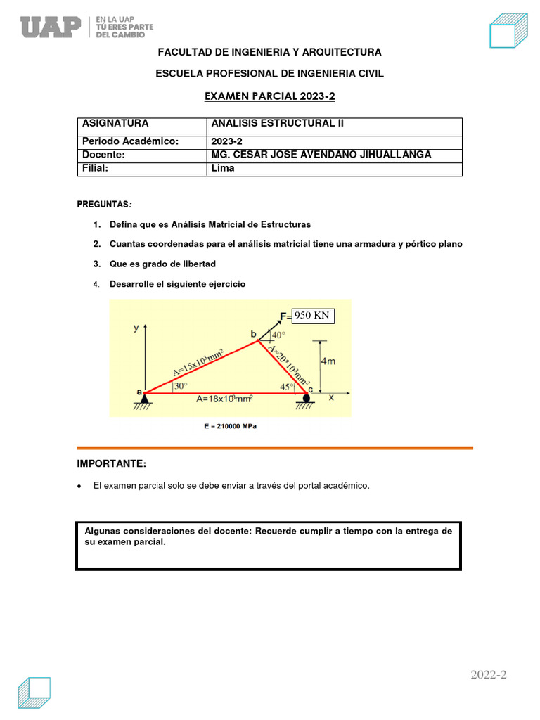 Examen Parcial Analisis Estructural Ii 2023-2 | PDF