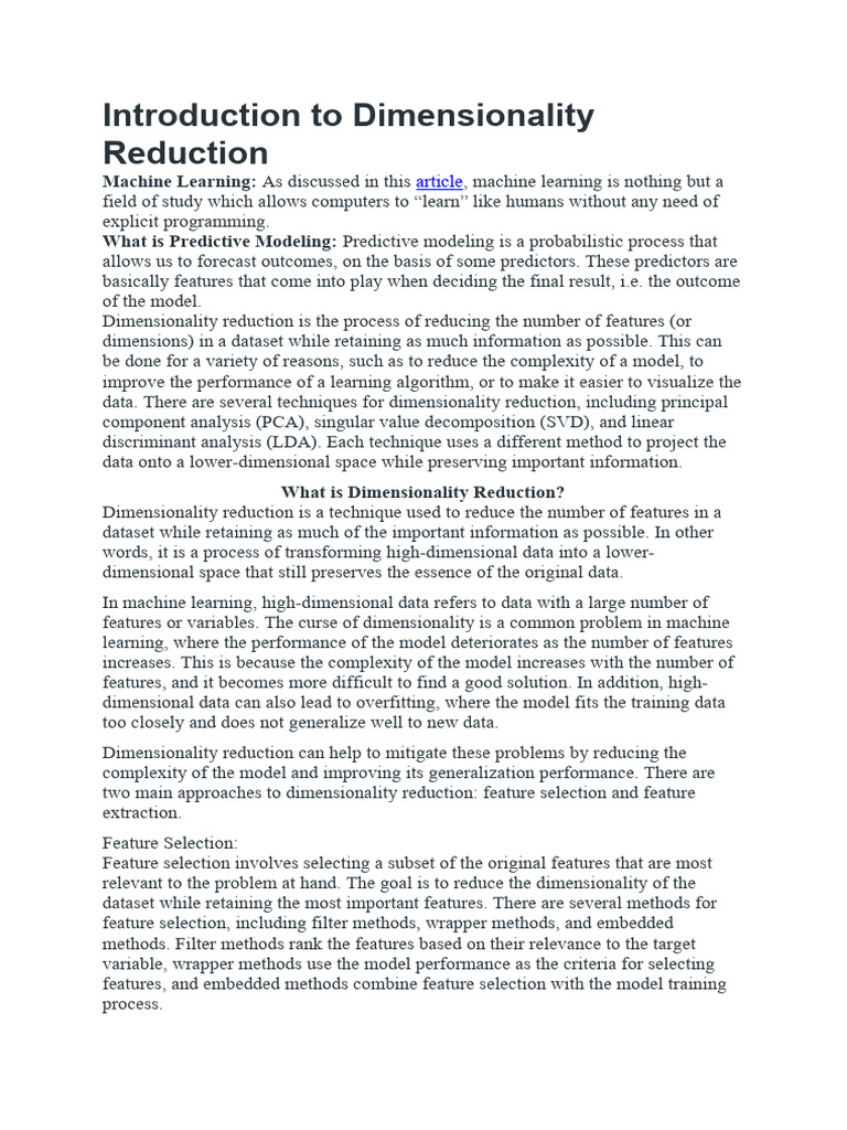 Introduction To Dimensionality Reduction Pdf Principal Component