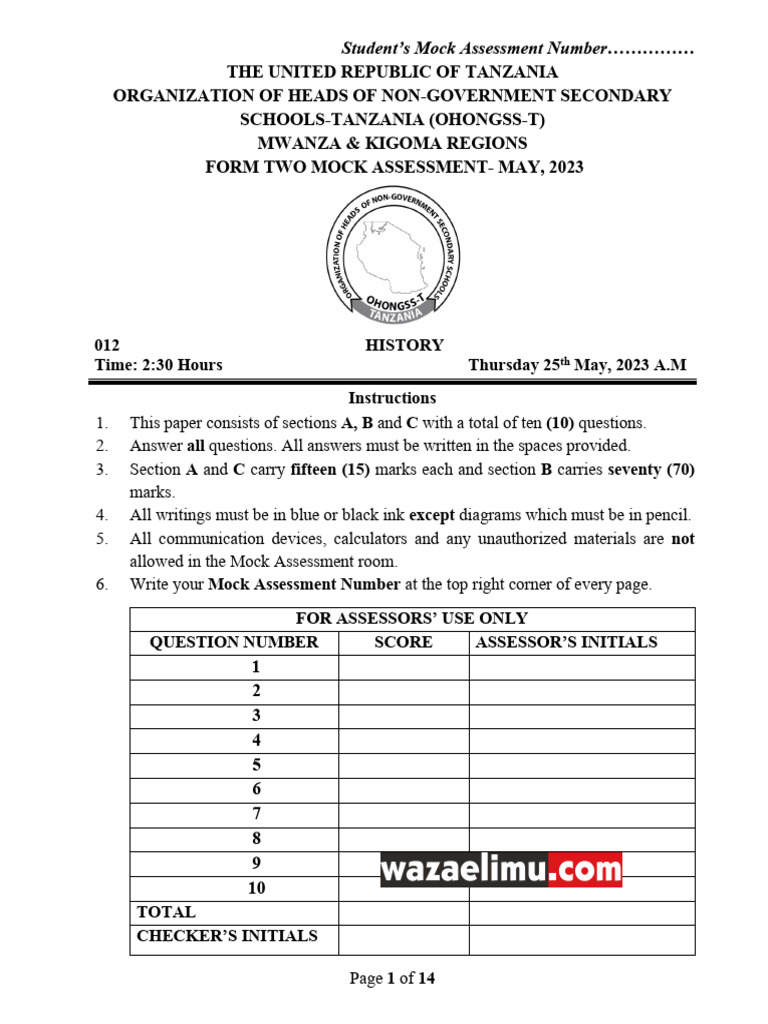 Form Two History Mock Assessment 2023 | PDF | Africa