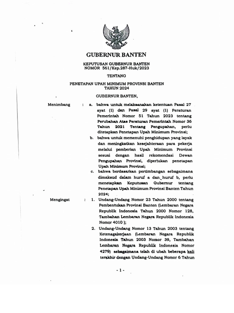 Kepgub Banten 561 Kep 287 Huk 2023 | PDF Kepgub Banten 561 Kep 287 Huk 2023 | PDF