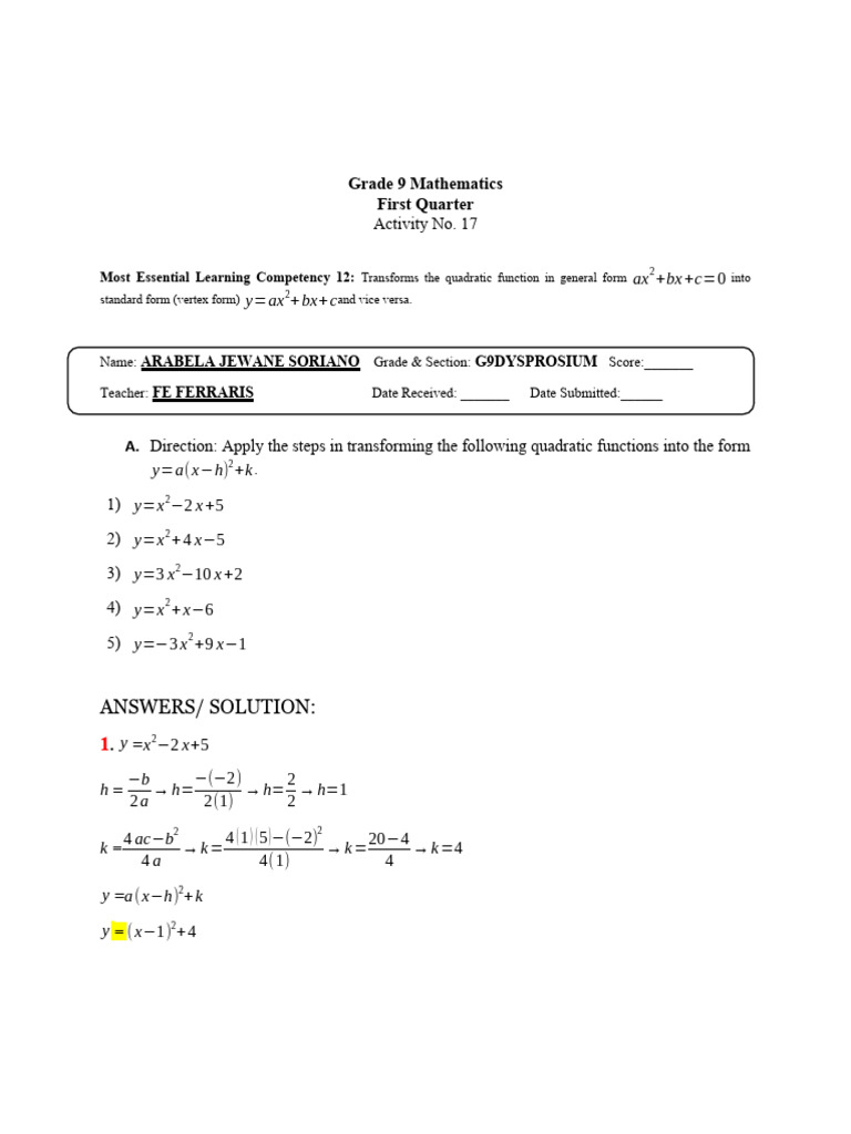 Activity 17 Math | PDF | Mathematics | Algebra