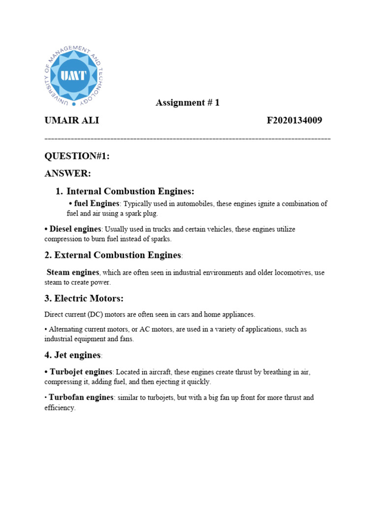 Assignment#1 UMAIR ALI | PDF | Engines | Internal Combustion Engine