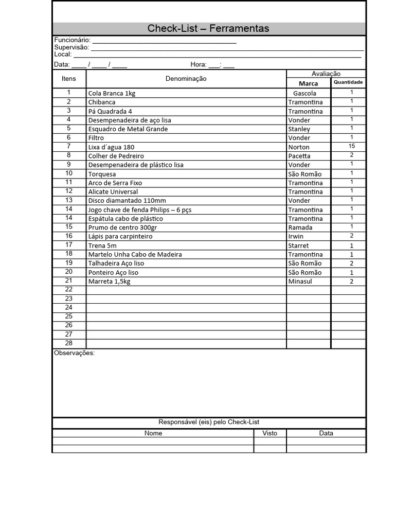 Check List Ferramentas Romario | PDF | Materiais de construção ...