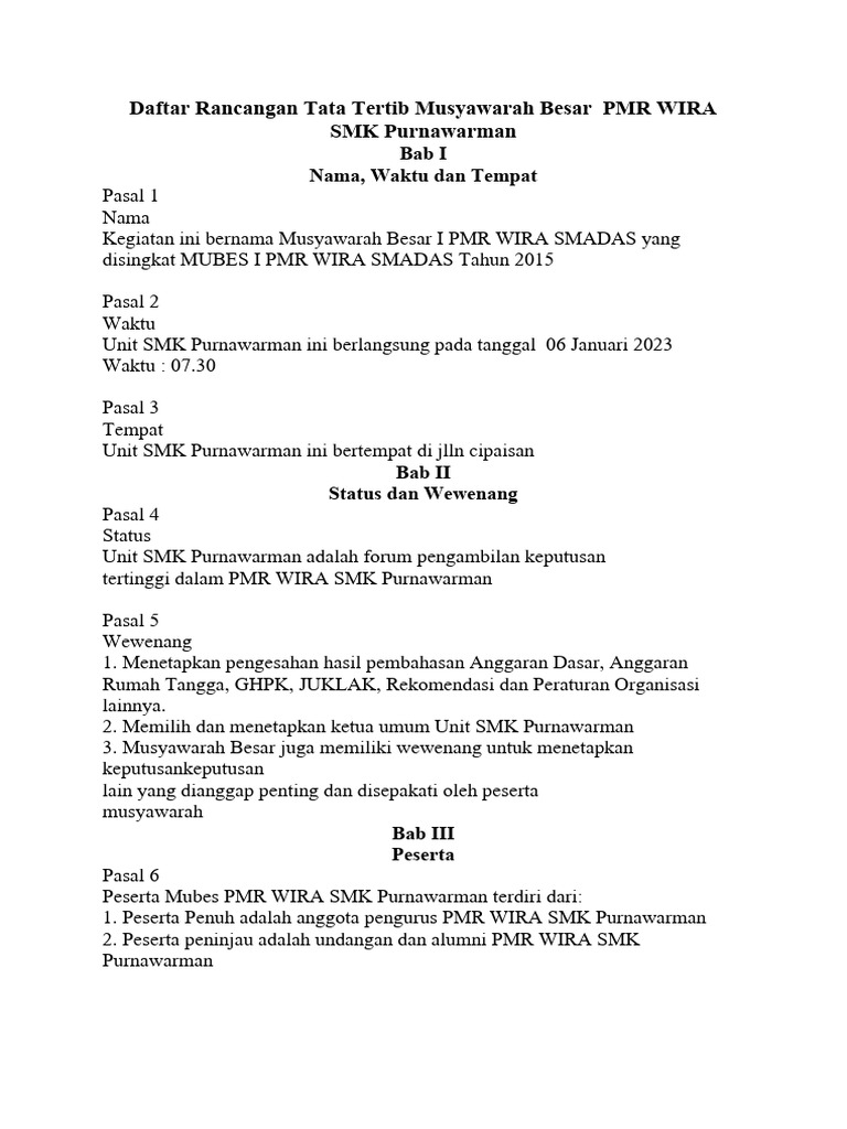 Daftar Rancangan Tata Tertib Musyawarah Besar PMR WIRA | PDF