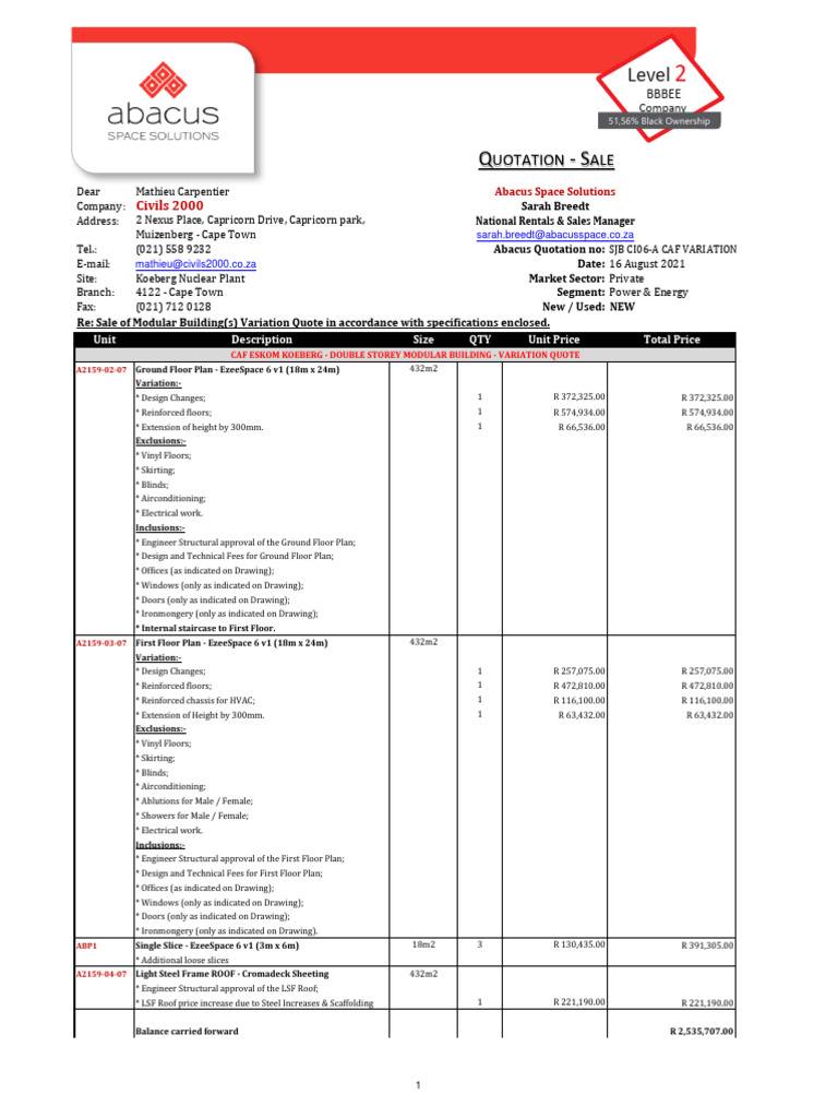 Quotation - ABACUS Sale Variation Quotation - SJB CI06A - Civils 2000 ...
