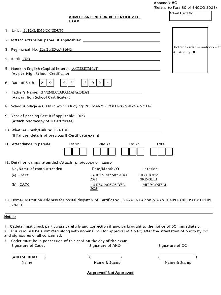 Appendix Ac (Refers To Par 0 of Sncco 2023) Admitcard NCC ABC ...