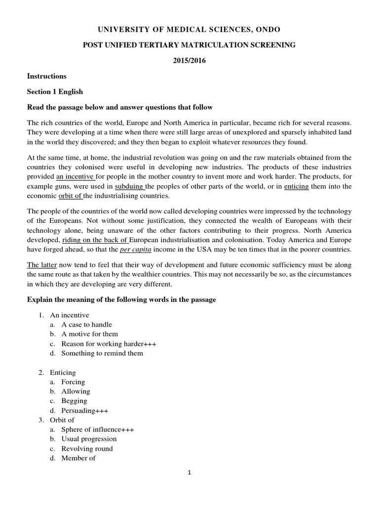 UNIMED Post-UTME Past Questions | PDF