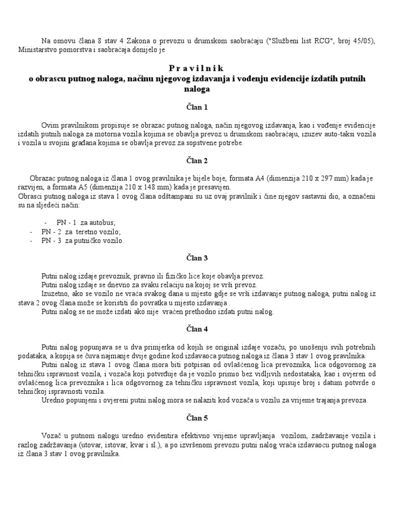Pravilnik o Obrascu Putnog Naloga | PDF