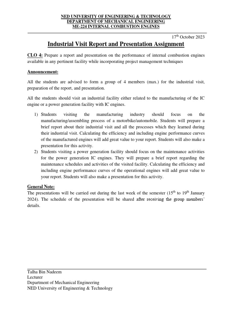ME-224 ICE Industrial Visit Report Presentation Guidelines | PDF | Engines | Engineering