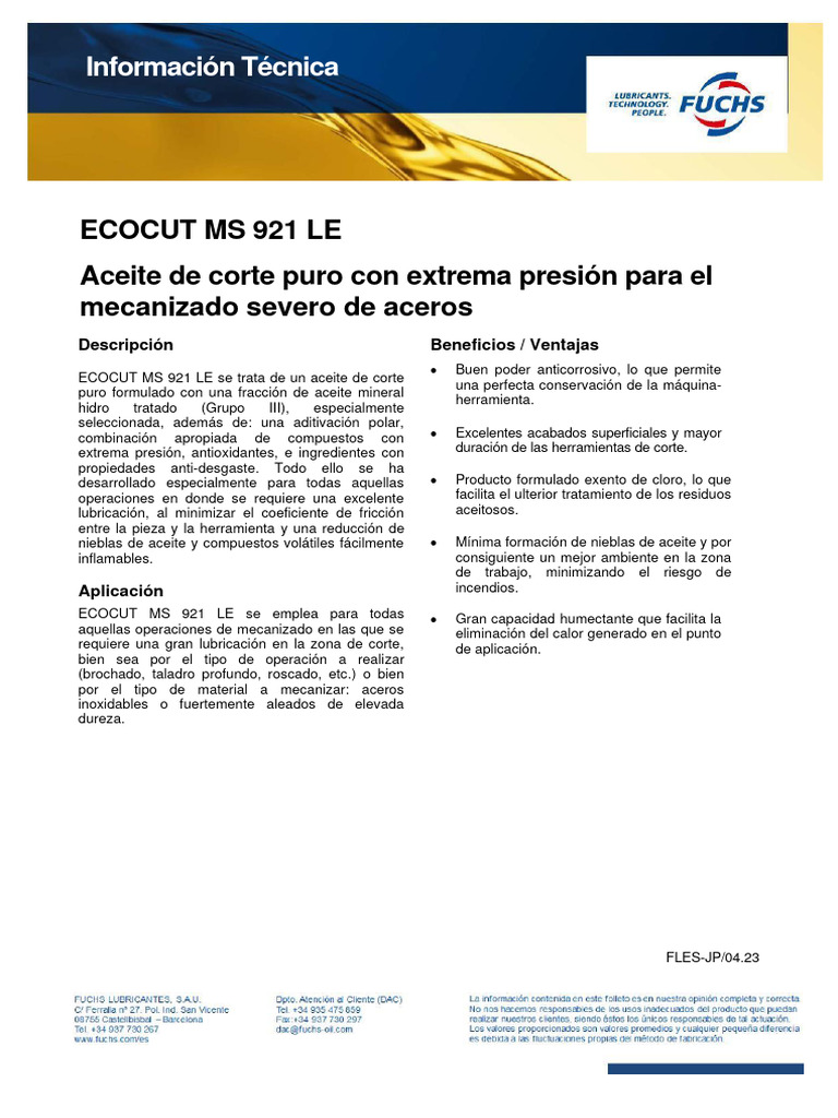 Ecocut MS 921 Le | PDF | Lubricante | Petróleo