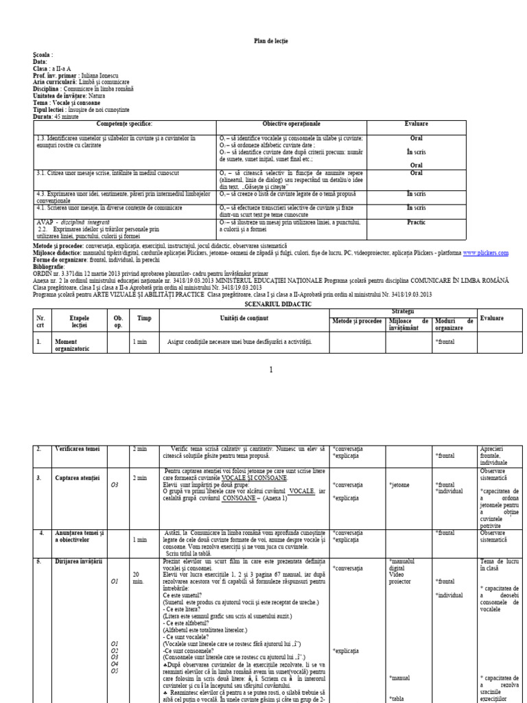Vocale Si Consoane Plan Lectie Cls II CLR | PDF