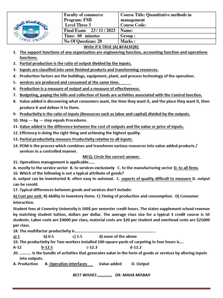 Quantitative Methods in Management Exam | PDF