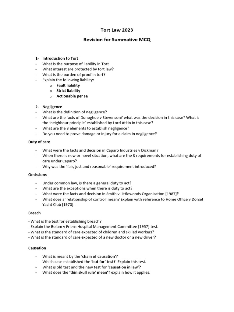 Tort Law - Revision For Summative MCQ | PDF | Negligence | Tort