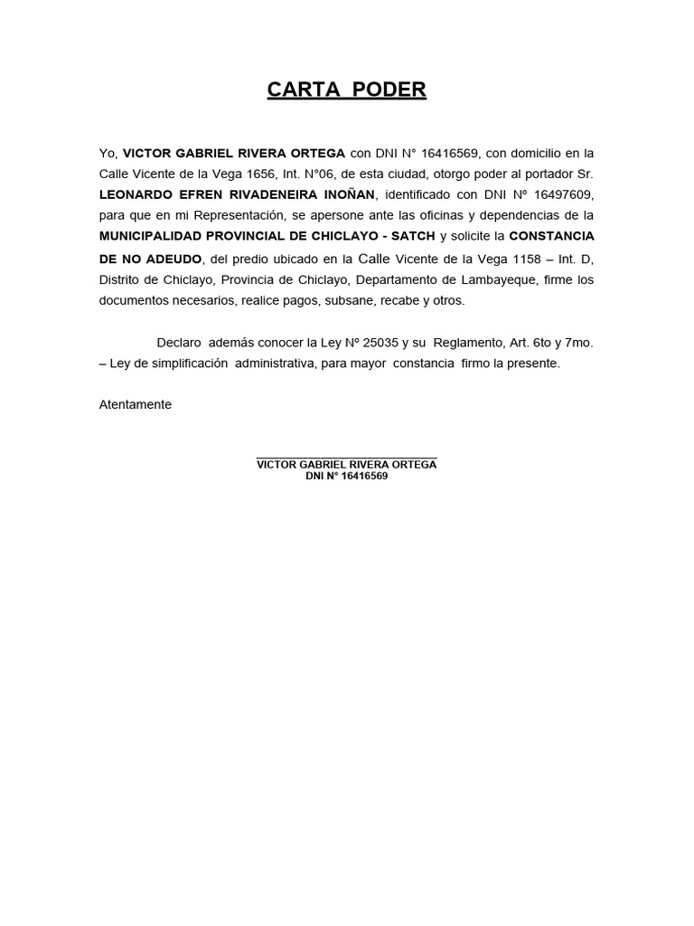 Carta Poder Satch - Constancia de No Adeudo - Victor Rivera Ortega | PDF Carta Poder Satch - Constancia de No Adeudo - Victor Rivera Ortega | PDF