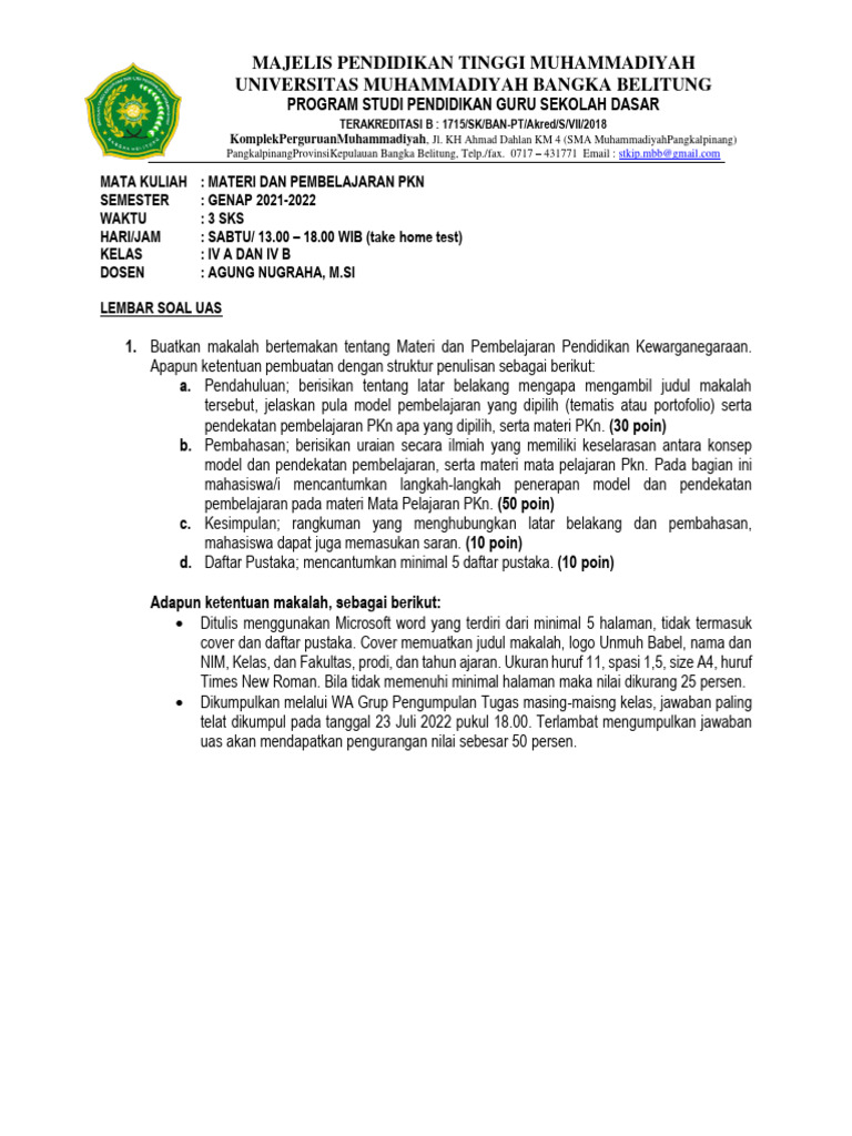 Soal Dan Pedoman Jawaban Uas Materi Dan Pembelajaran PKN | PDF