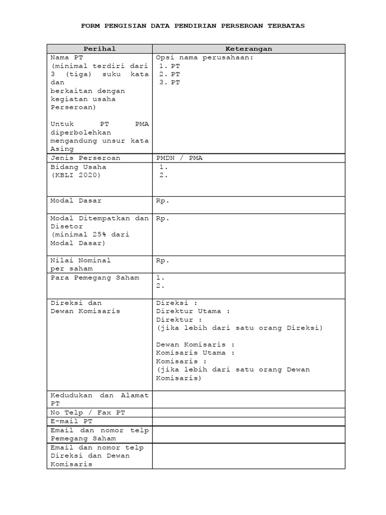 Form Pengisian Data Pendirian PT | PDF