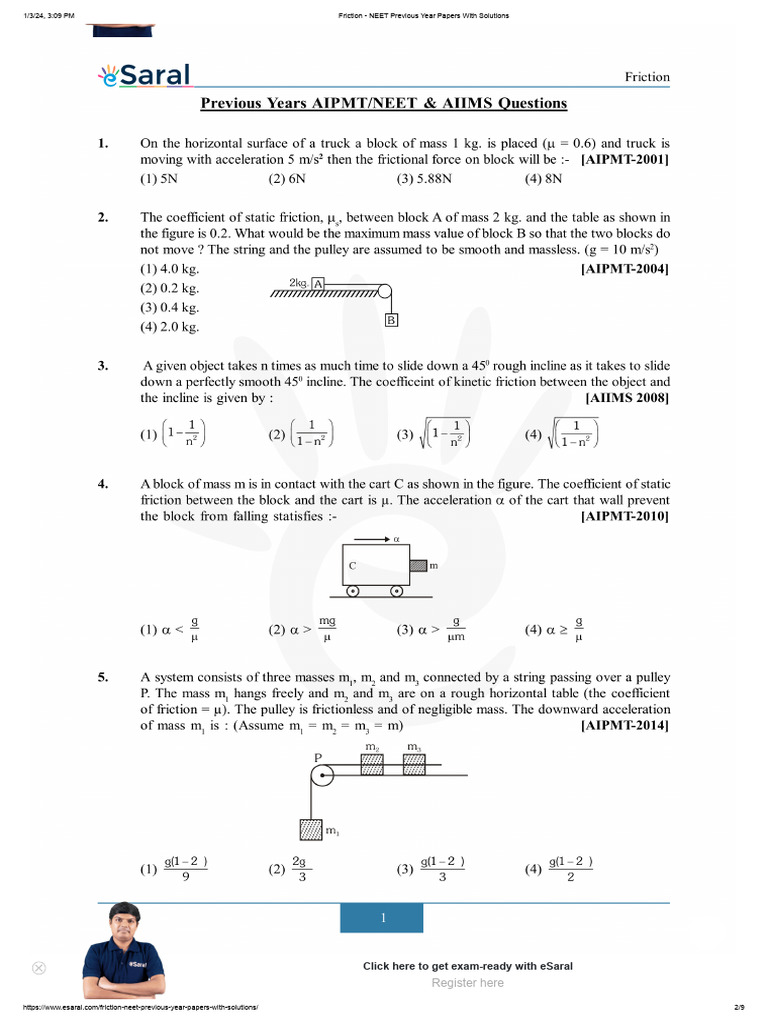 Friction - NEET Previous Year Papers With Solutions | PDF