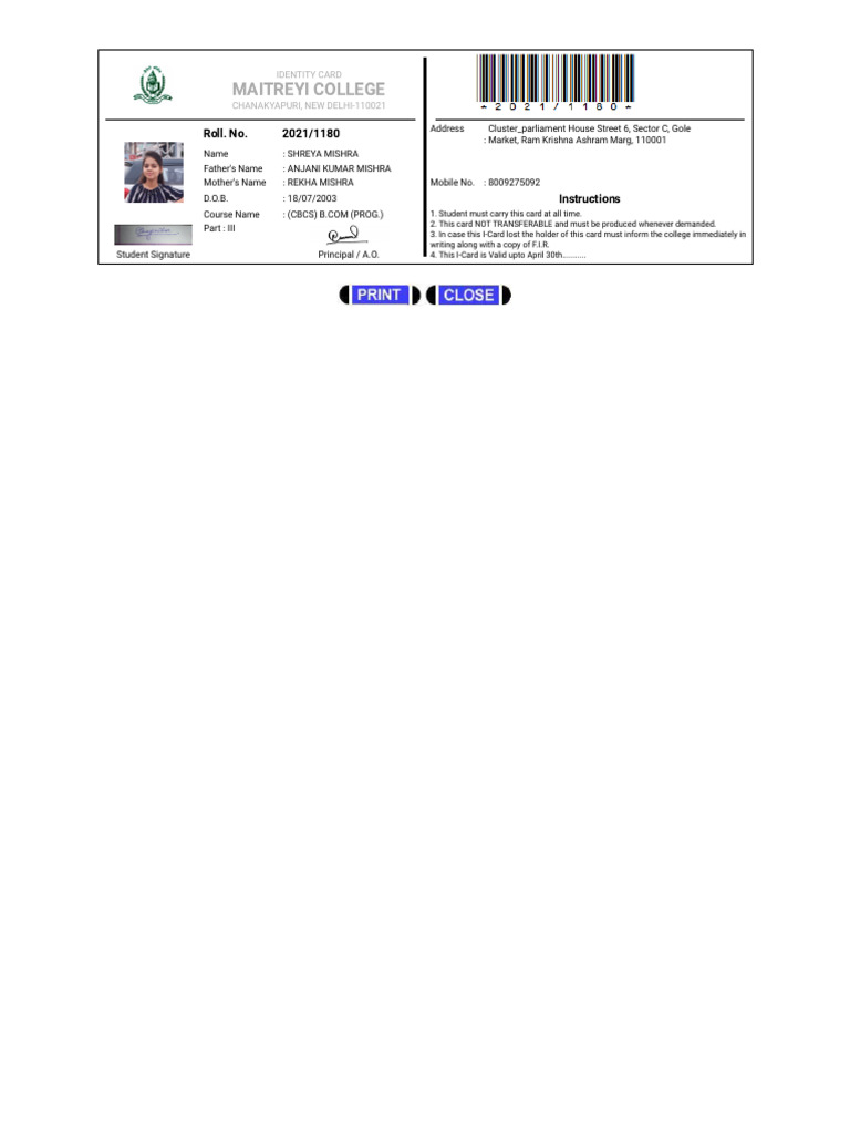 Maitreyi College Student ID Card Guidelines | PDF