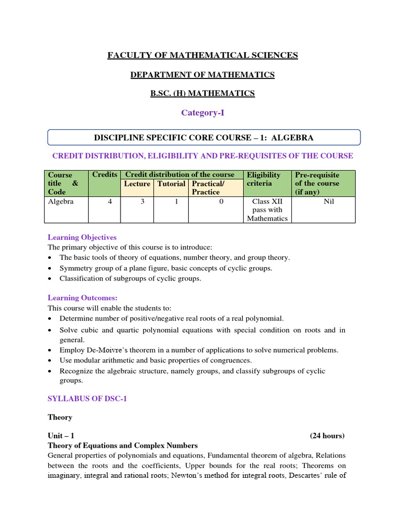 B.Sc. (H) Mathematics - Syllabus | PDF | Group (Mathematics) | Integral