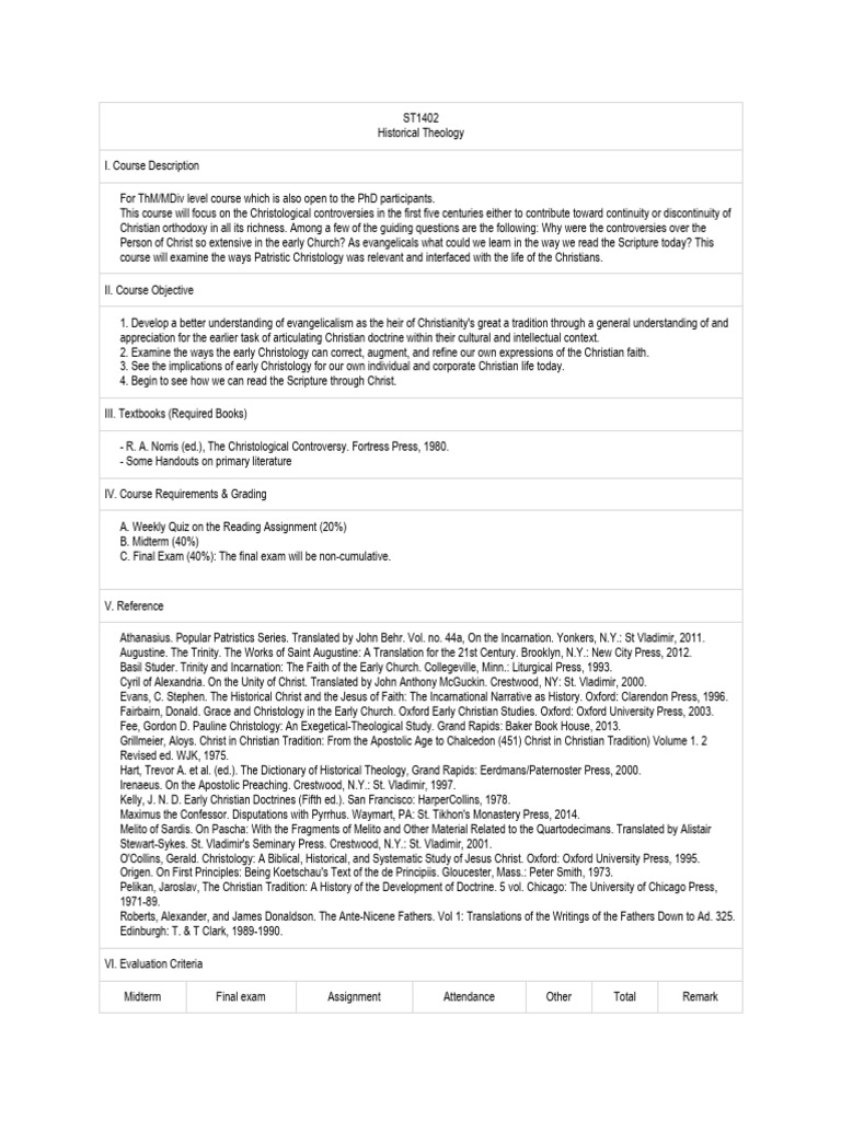 Historical Theology Syllabus | PDF | Church Fathers | Christology