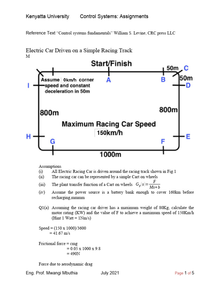 Electric Car Driven On A Simple Racing Track Kenyatta University Control Systems Assignments 1 ...
